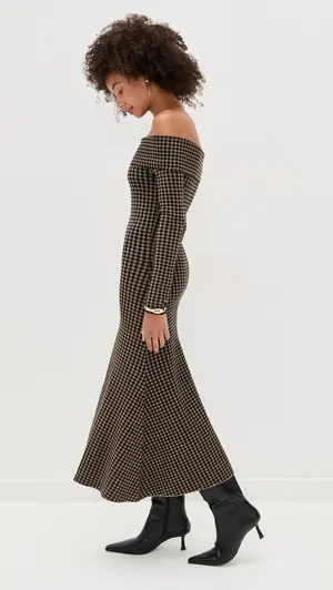 LE BOP Gingham Knit Off-shoulder Midi Dress - Chocolate/black