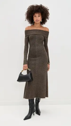LE BOP Gingham Knit Off-shoulder Midi Dress - Chocolate/black
