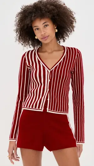 STATE & LAKE Striped Knit Cotton Cardigan - Burgundy