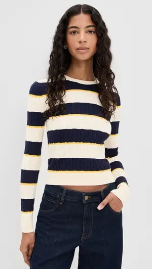 STATE & LAKE Cable Knit Pullover - Ivory/navy/yellow