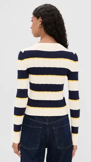 STATE & LAKE Cable Knit Pullover - Ivory/navy/yellow