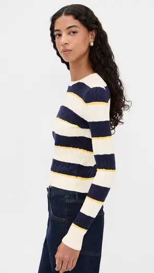 STATE & LAKE Cable Knit Pullover - Ivory/navy/yellow