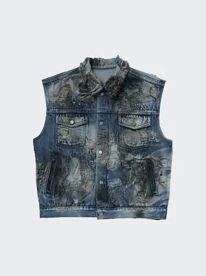 THUG CLUB Hard Washed Damaged Vest - Blue
