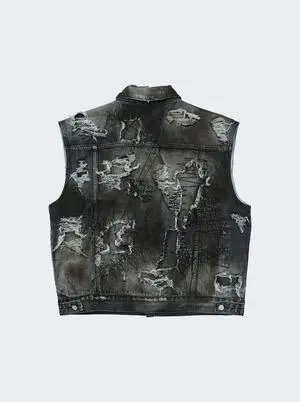 THUG CLUB Hard Washed Damaged Denim Vest - Black