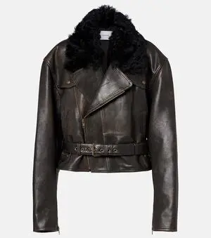 Alex Perry Shearling-trimmed Cropped Leather Biker Jacket - Brown