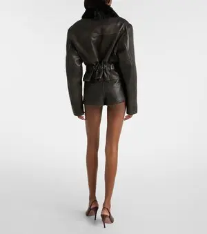 Alex Perry Shearling-trimmed Cropped Leather Biker Jacket - Brown