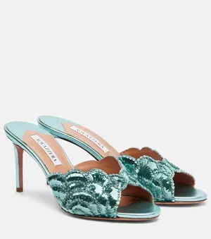 AQUAZZURA Ce Soir 75 Sequined Metallic Leather Mules - Blue