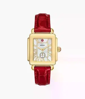 Michele Deco Sport Mid Gold-plated Leather Watch - Red