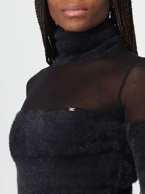 Elisabetta Franchi Cropped Turtleneck Sweater With Textured Panels - Black