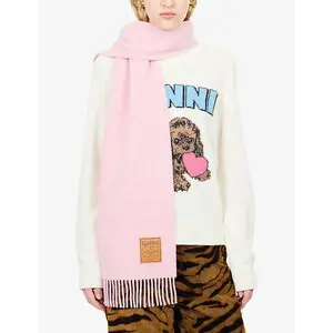 GANNI Logo-patch Fringed Double Wool Scarf