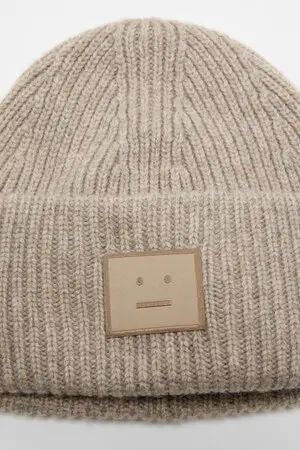 Acne Studios Ribbed Face Logo Beanie Greige Melange