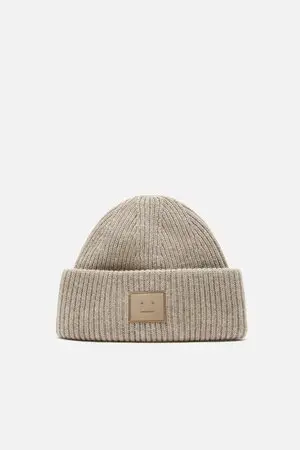Acne Studios Ribbed Face Logo Beanie - Greige Melange