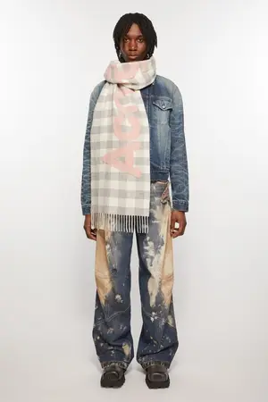 Acne Studios Grey/pink Check Logo Scarf - Grey,pink