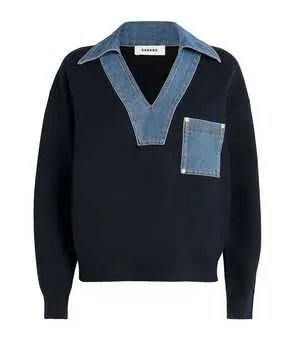 Sandro Denim-trimmed Knit Sweater - Blue