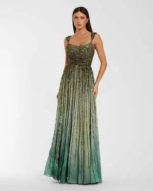 Mac Duggal Sleeveless Sequined Ombre A-line Gown - Green