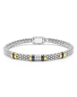Lagos 18k Yellow Gold, Sterling Diamond & Black Ceramic Station Bracelet - Silver