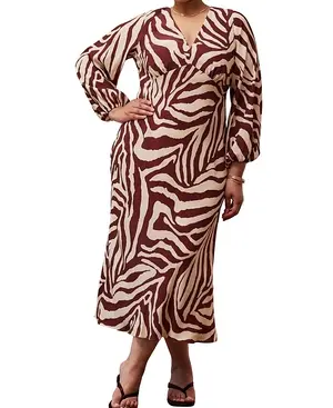 LIVE UNLIMITED Animal Stripe Long Sleeve Midi Dress - Cream