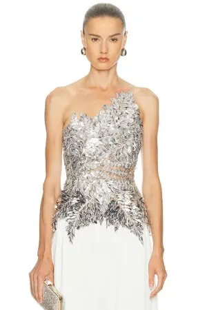 Oscar De La Renta Strapless Fern Embroidered Top - Silver