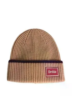 Drole De Monsieur Stripe Woven Label Beanie - Brown