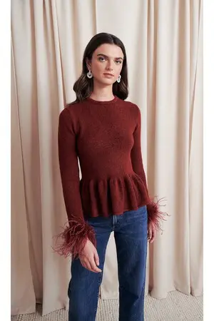 Saylor Jovi Peplum Feather Cuff Sweater - Natural