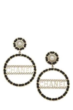 Chanel Gold-plated Earrings With Leather And Faux Pearl Detailing - Black