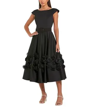 Mac Duggal Satin A-line Midi Dress With 3d Flowers