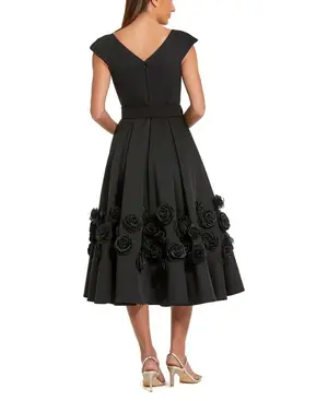 Mac Duggal Satin A-line Midi Dress With 3d Flowers