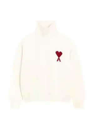AMI Paris AMI Paris Funnel Neck Wool Sweater With Ami De Coeur Motif Neutrals