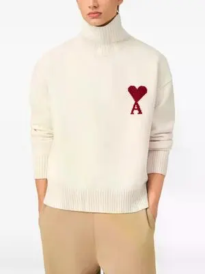 AMI Paris Funnel Neck Wool Sweater With De Coeur Motif - Neutrals