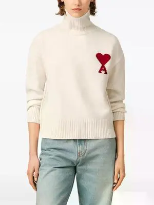 AMI Paris Funnel Neck Wool Sweater With De Coeur Motif - Neutrals