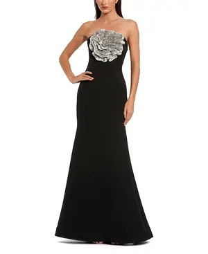 Mac Duggal Crepe Strapless Gown With 3d Rhinestone Flower Detail - Black