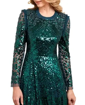 NEEDLE & THREAD Aurora Long Sleeve Gown - Emerald