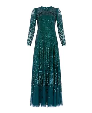 NEEDLE & THREAD Aurora Long Sleeve Gown - Emerald