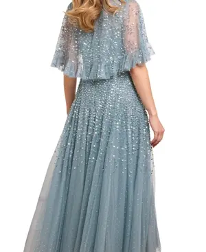 NEEDLE & THREAD Dappled Sequin Cape Ankle Gown - Thistle Blue