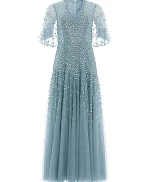 NEEDLE & THREAD Dappled Sequin Cape Ankle Gown - Thistle Blue