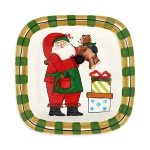 VIETRI Old St. Nick Small Rimmed Square Platter With Teddy Bear - Red