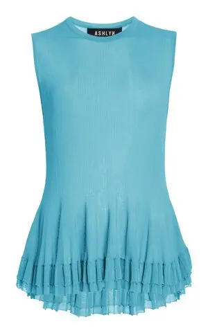 ASHLYN Bennett Pleated Hem Peplum Crewneck - Blue