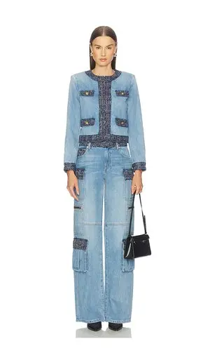 Alice + Olivia Landon Cropped Denim Jacket With Tweed Trim