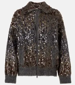 Brunello Cucinelli Sequined Mohair-blend Zip-up Sweater - Grey