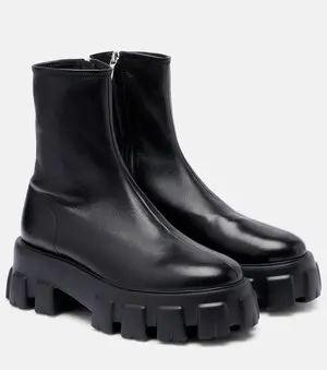 Prada Monolith Leather Ankle Boots - Black