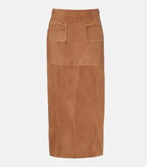 Rixo Rixo Edwina High-Waist Suede Midi Skirt Beige