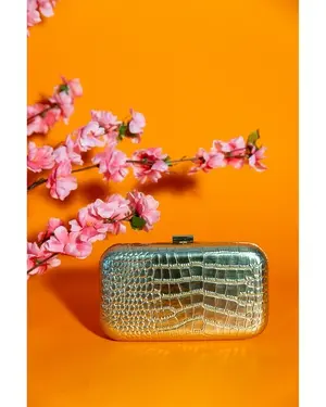 F & W STYLE Rose Croc Embossed Leather Clutch - Gold