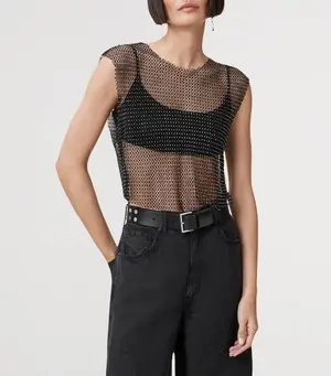ALLSAINTS Mesh Embellished Calytrix Crop Top