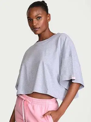 Victoria's Secret Logo Cotton Oversized Crop Tee - Grey