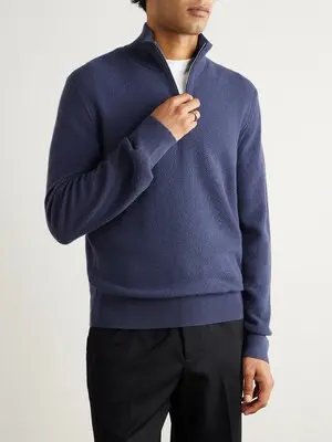 Zegna Oasi Leather-trimmed Cashmere Half-zip Sweater - Blue