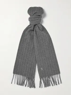 Polo Ralph Lauren Logo-embroidered Fringed Pinstriped Cashmere And Wool-blend Scarf - Gray