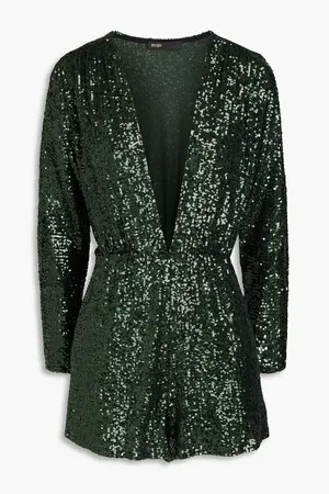 Maje Sequin-embellished Knitted Playsuit - Forest Green