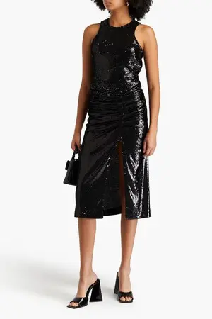 Maje Ruched Sequined Knitted Midi Skirt