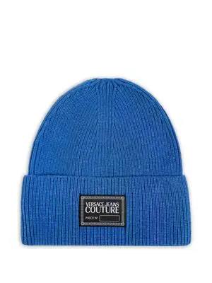 Versace Ribbed Knit Hat With Logo Patch - Blue
