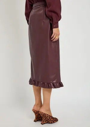 NEVER FULLY DRESSED Jaspre Ruffled Faux Leather Midi Wrap Skirt - Red